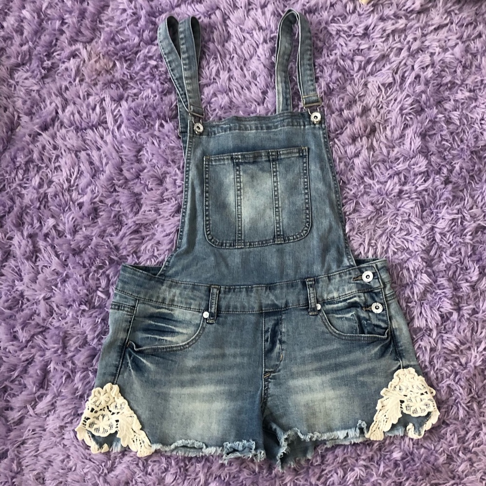 Special A Stretch Denim Overalls With Lace Trim - Gem
